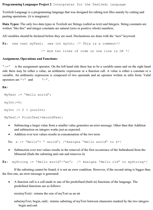 Solved Programming Languages Project 2: Interpreter for the | Chegg.com