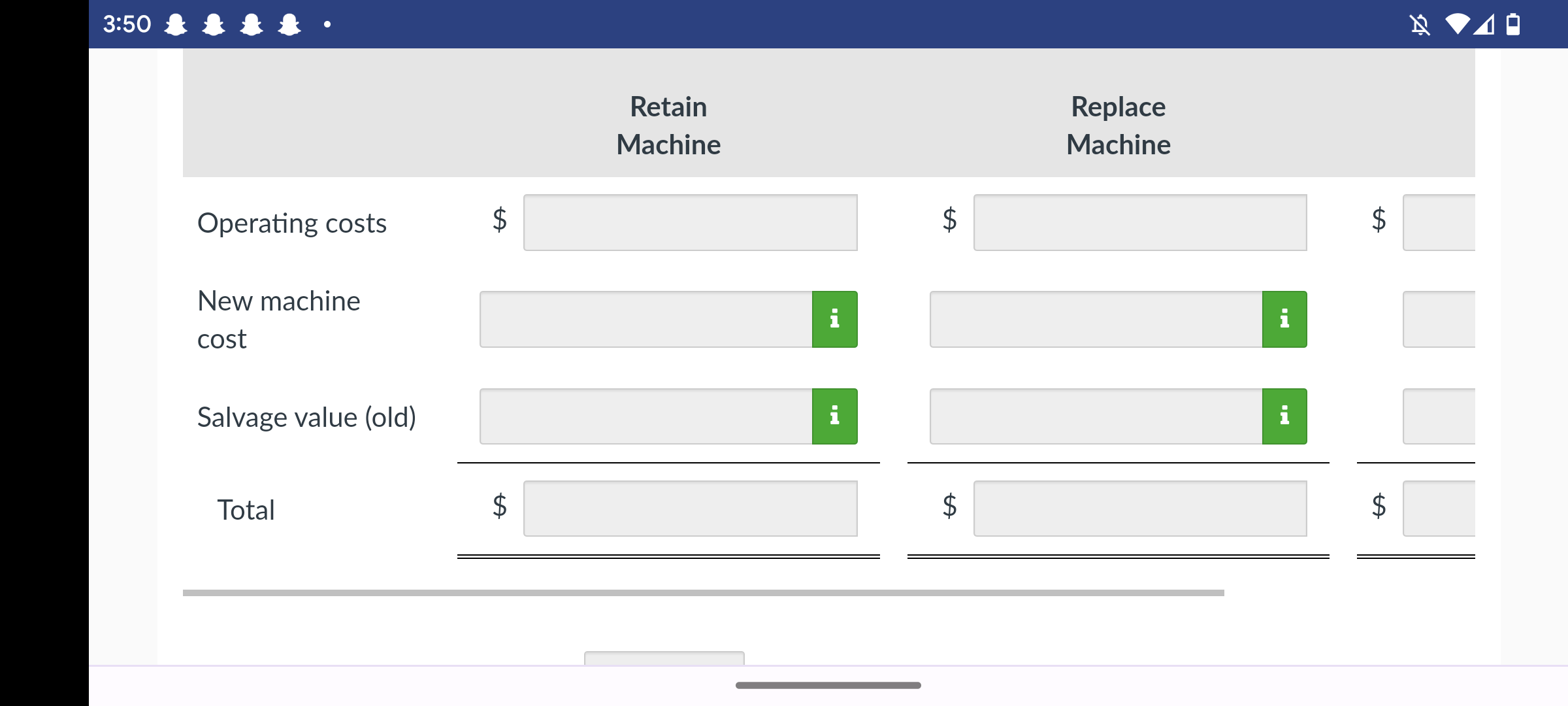 Solved 3:50 Retain Machine Operating costs New machine cost | Chegg.com