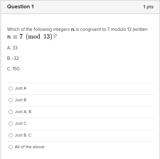 Solved Question 1 1 pts Which of the following integers n is | Chegg.com