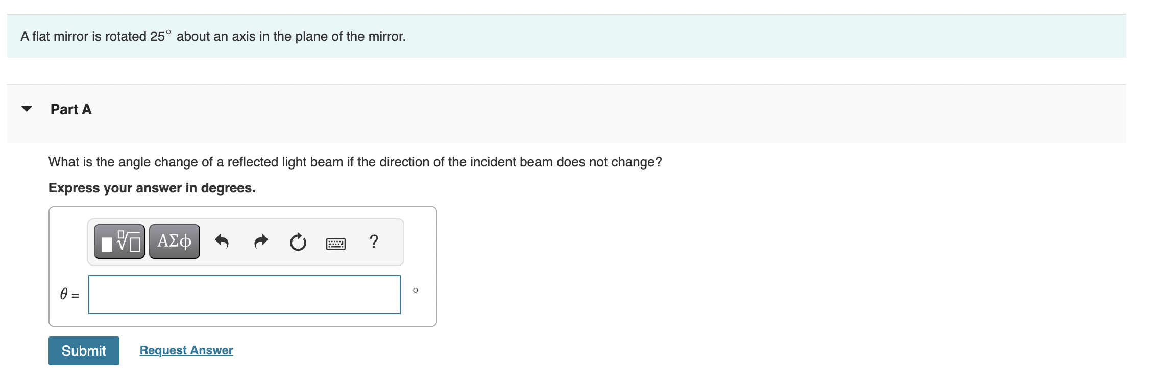 Solved A flat mirror is rotated \( 25^{\circ} \) ﻿about an | Chegg.com