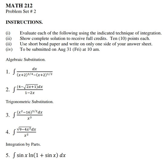 Solved MATH 212 Problem Set # 2 INSTRUCTIONS. (i) Evaluate | Chegg.com