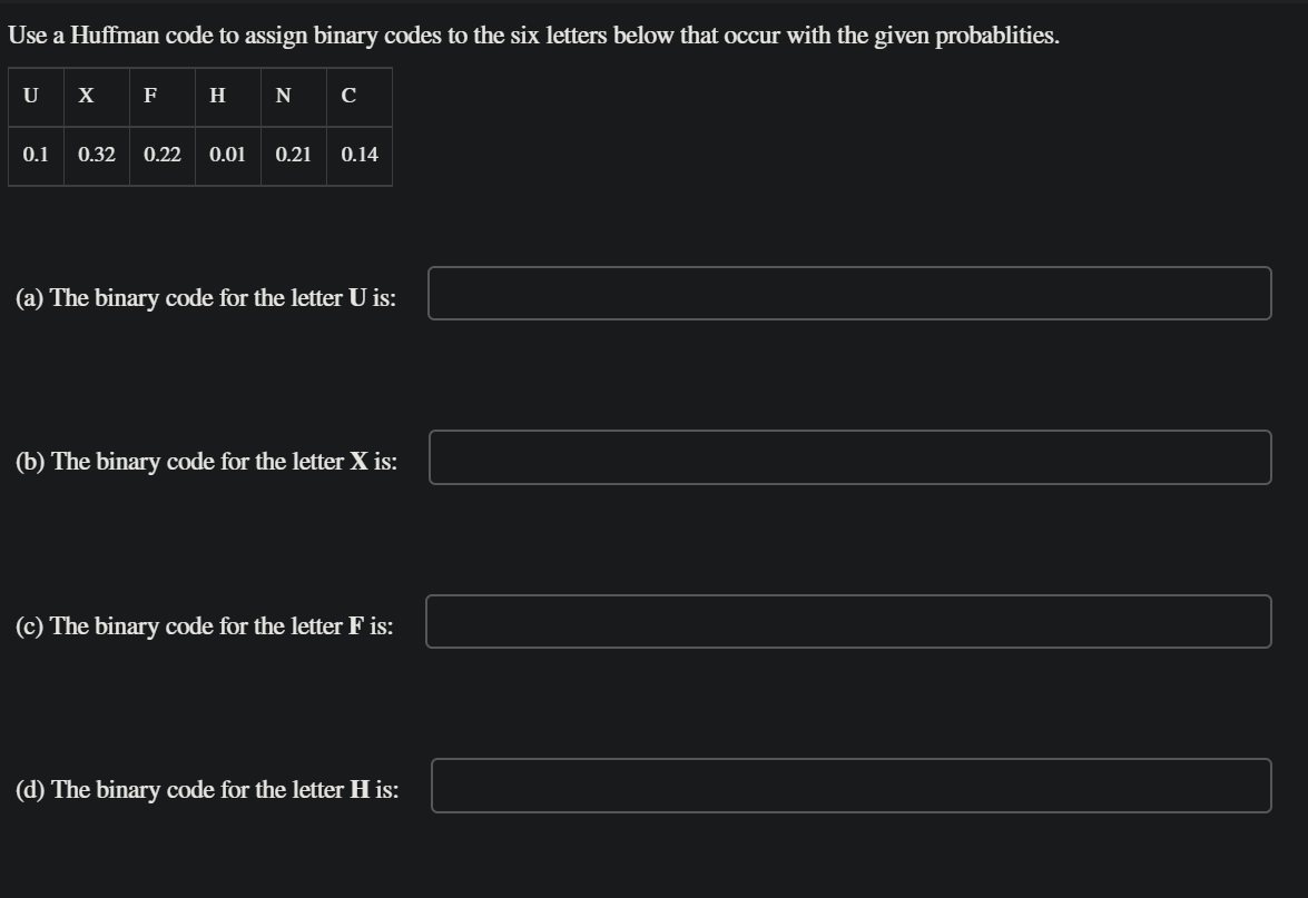 Solved Use a Huffiman code to assign binary codes to the six | Chegg.com