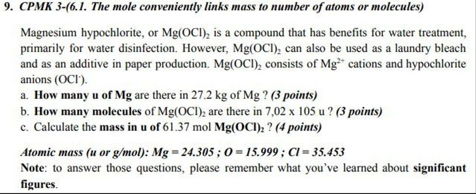 Solved СРМК 3-(6.1. The mole conveniently links mass to | Chegg.com