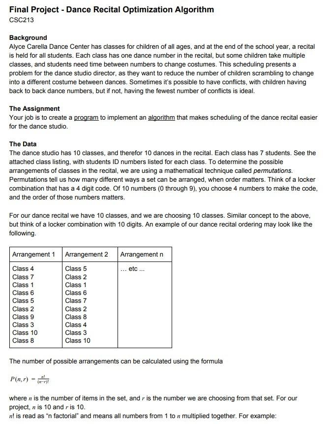 Final Project - Dance Recital Optimization Algorithm | Chegg.com