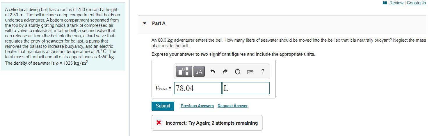 Solved A Review Constants Part A A cylindrical diving bell | Chegg.com