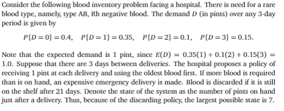 Solved Consider the following blood inventory problem facing | Chegg.com