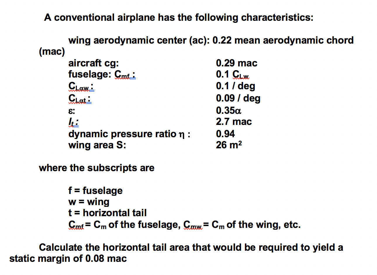 Solved A conventional airplane has the following | Chegg.com