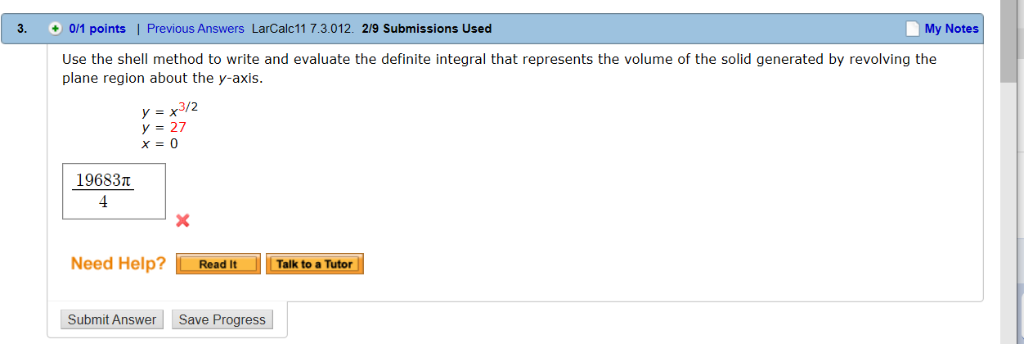 Solved 0/1 points 3 Previous Answers LarCalc11 7.3.012. 2/9 | Chegg.com