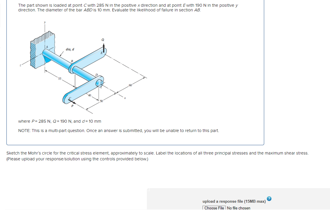 Solved The part shown is loaded at point C with 285 N in the | Chegg.com