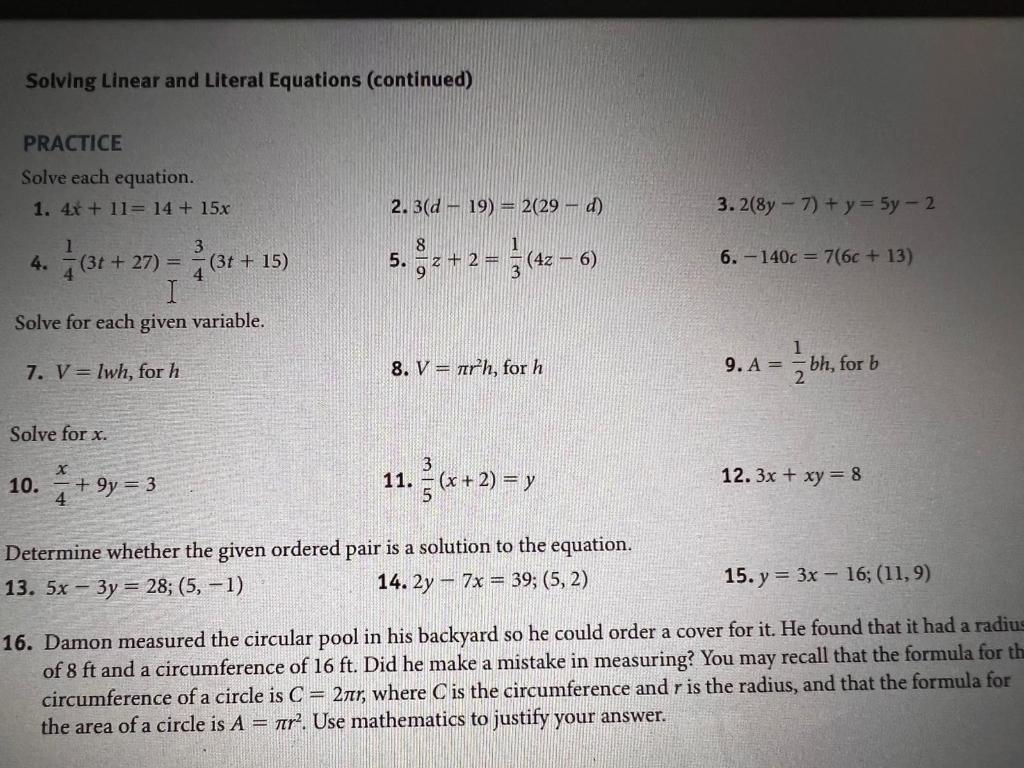 Solved Solving Linear and Literal Equations (continued) | Chegg.com