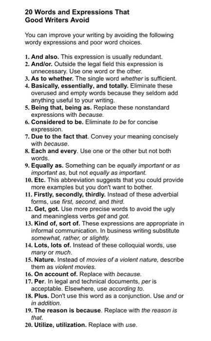 Solved 20 Words and Expressions That Good Writers Avoid You | Chegg.com