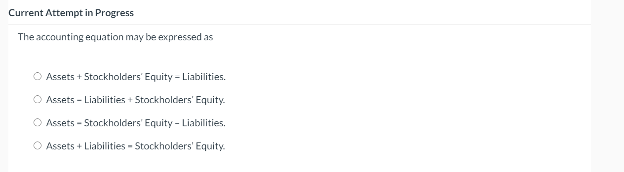 Solved Current Attempt in Progress The accounting equation | Chegg.com