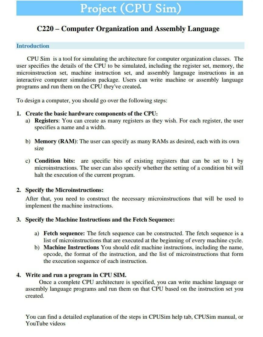 Project (CPU Sim) C220 - Computer Organization and | Chegg.com