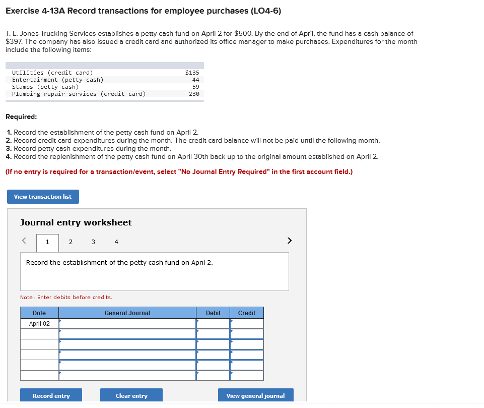 Solved Exercise 4-13A Record transactions for employee | Chegg.com