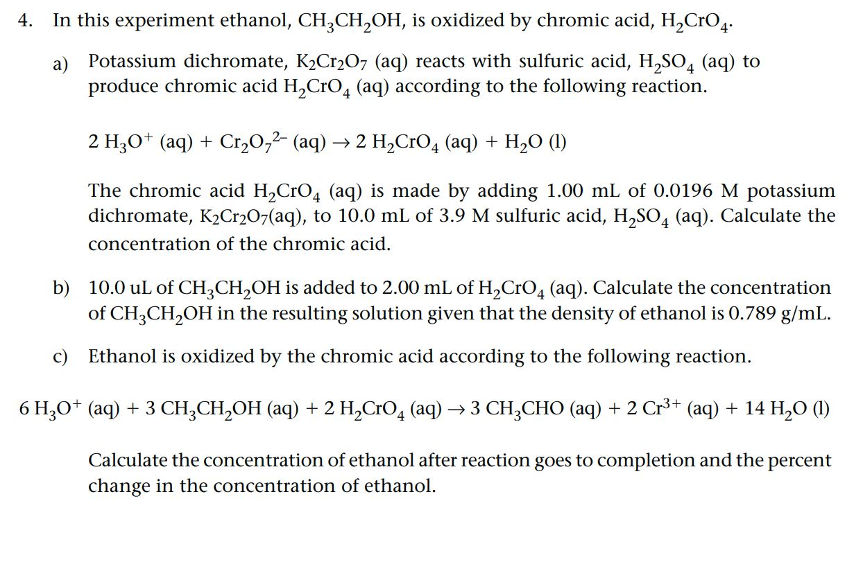 4. In this experiment ethanol, CH3CH2OH, is oxidized | Chegg.com
