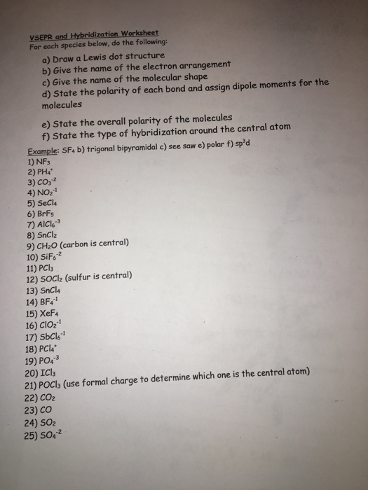 Solved VSEPR and Hybridization Worksheet For each species | Chegg.com