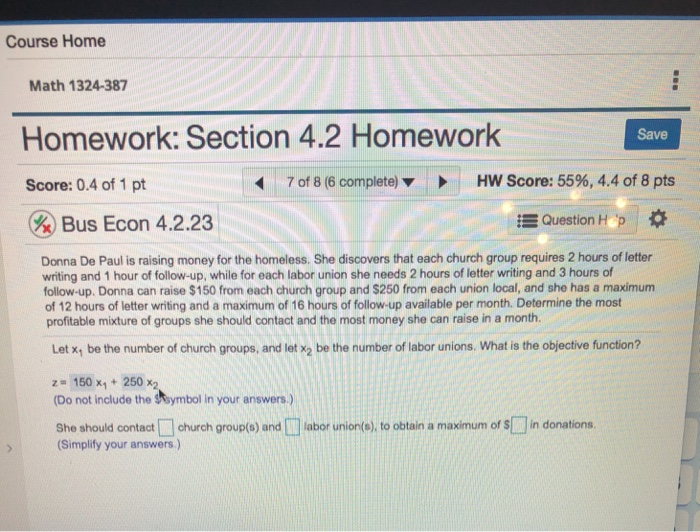 Solved Course Home Math 1324-387 Homework: Section 4.2 | Chegg.com