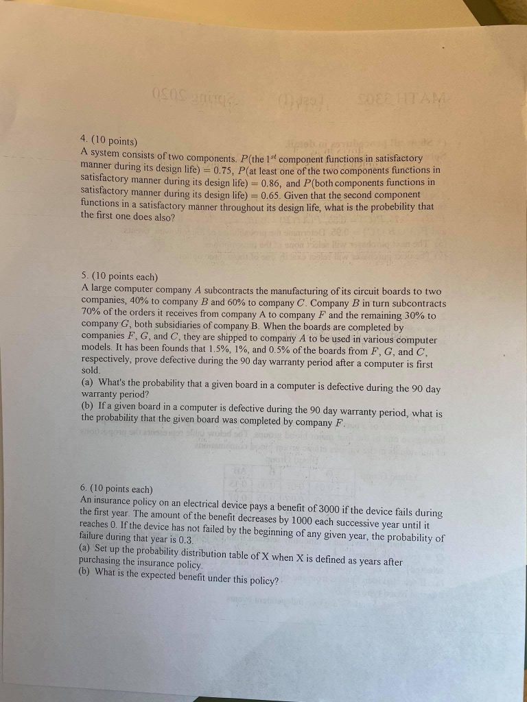 Solved 4. (10 points) A system consists of two components. | Chegg.com