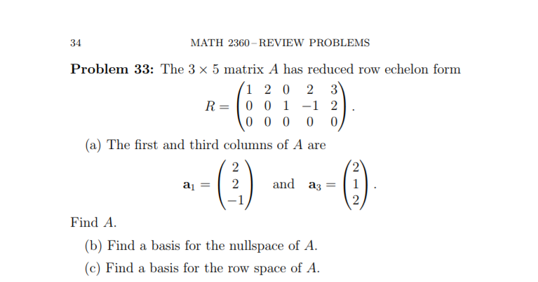 Solved 34 MATH 2360-REVIEW PROBLEMS Problem 33: The 3 x 5 | Chegg.com