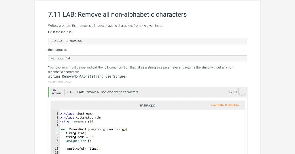 Solved 7 11 LAB Remove All Non alphabetic Characters Write Chegg