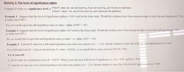 Solved Activity 3.The level ot significance alpha Con are P4 | Chegg.com
