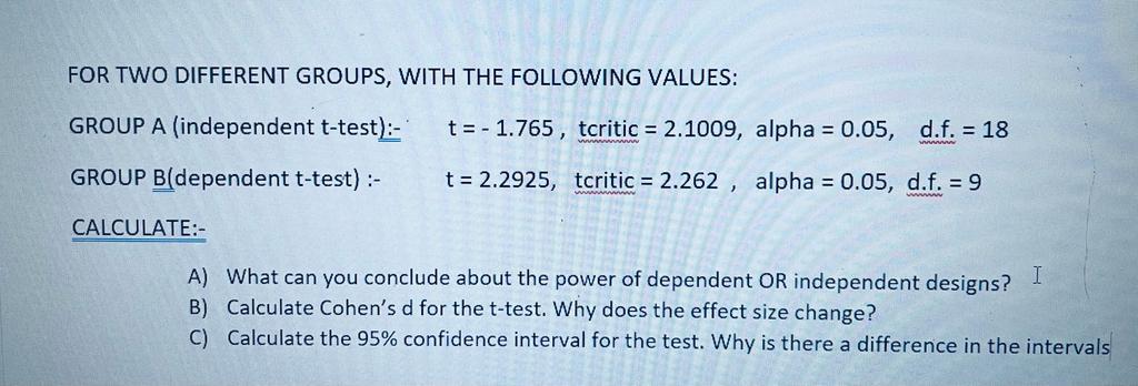 Solved FOR TWO DIFFERENT GROUPS, WITH THE FOLLOWING VALUES: | Chegg.com