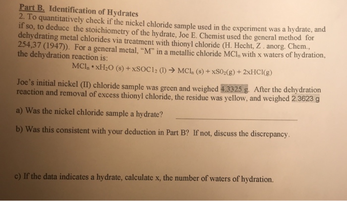 Solved Part B. Identification of Hydrates 2. To | Chegg.com