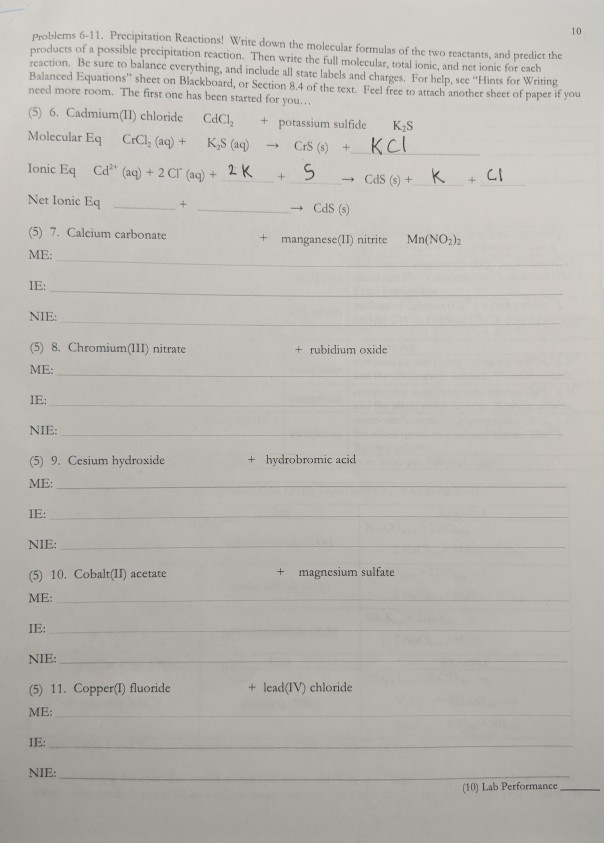 Solved 10 problems 6-11. Precipitation Reactions! Write down | Chegg.com