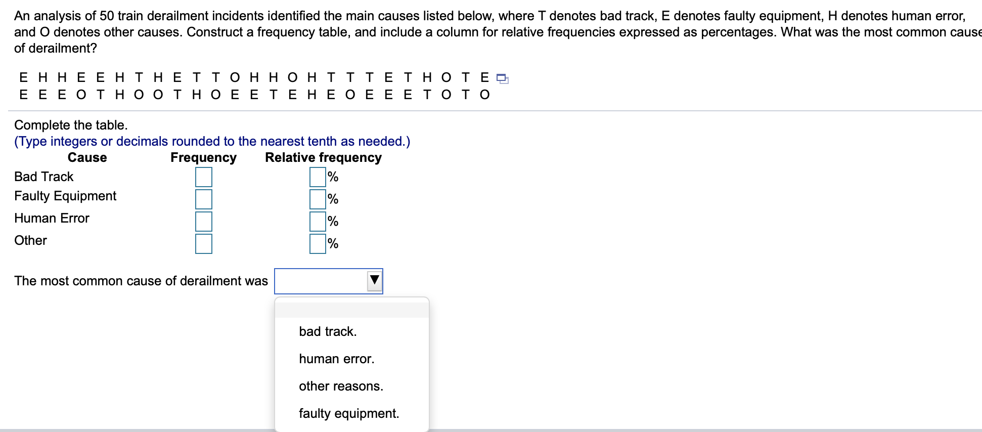 Solved An analysis of 50 train derailment incidents | Chegg.com