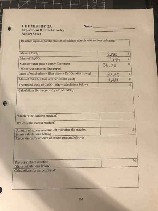 Solved CHEMISTRY 2A Experiment 8, Stoichiometry Report Sheet | Chegg.com