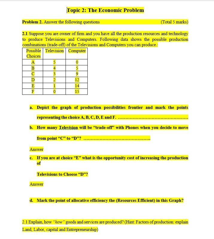 Solved Topic 2: The Economic Problem Problem 2. Answer the | Chegg.com