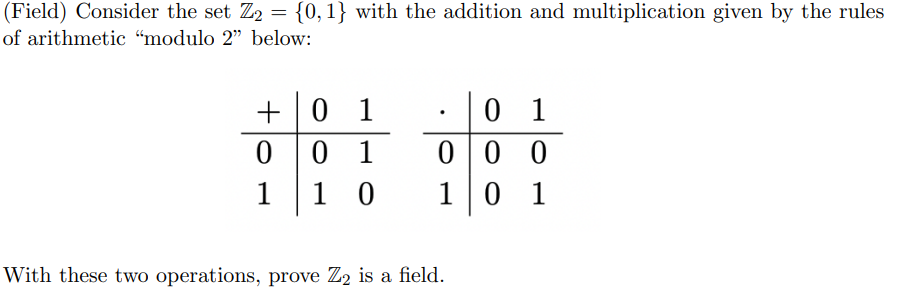 Solved (Field) Consider the set Z2={0,1} with the addition | Chegg.com