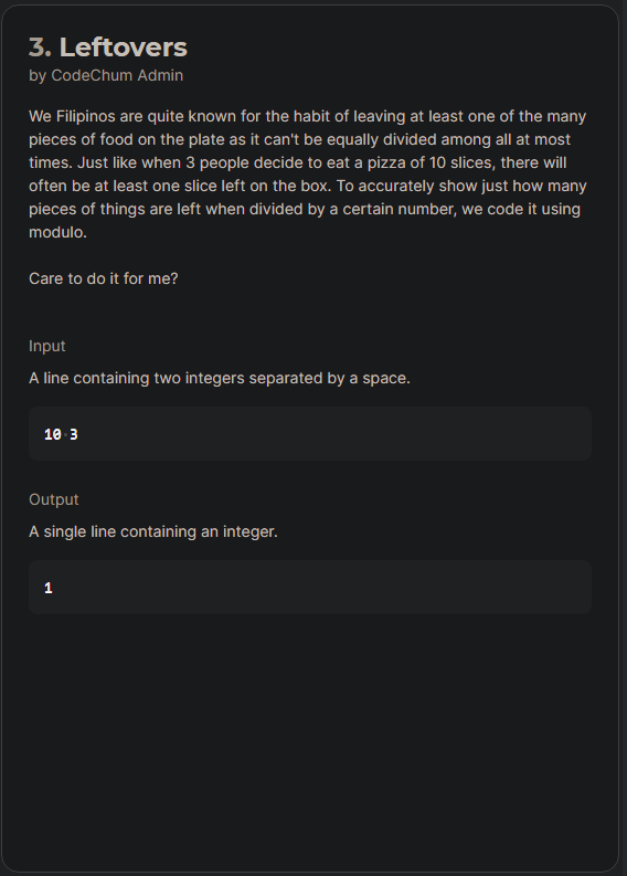 Solved 3. Leftovers by CodeChum Admin We Filipinos are quite | Chegg.com