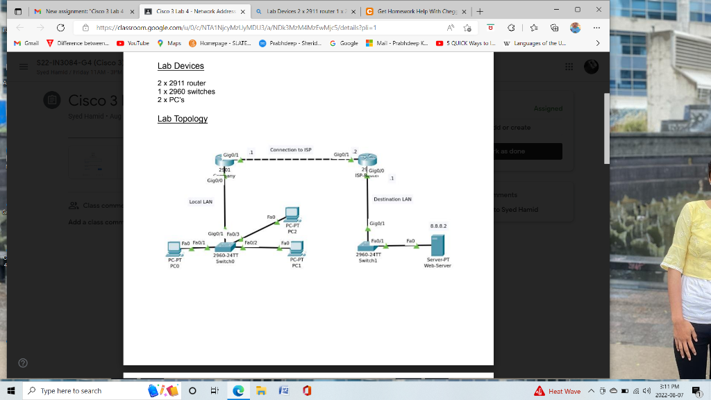 Solved Lab Devices 2×2911 router 1×2960 switches 2×PC 's Lab | Chegg.com