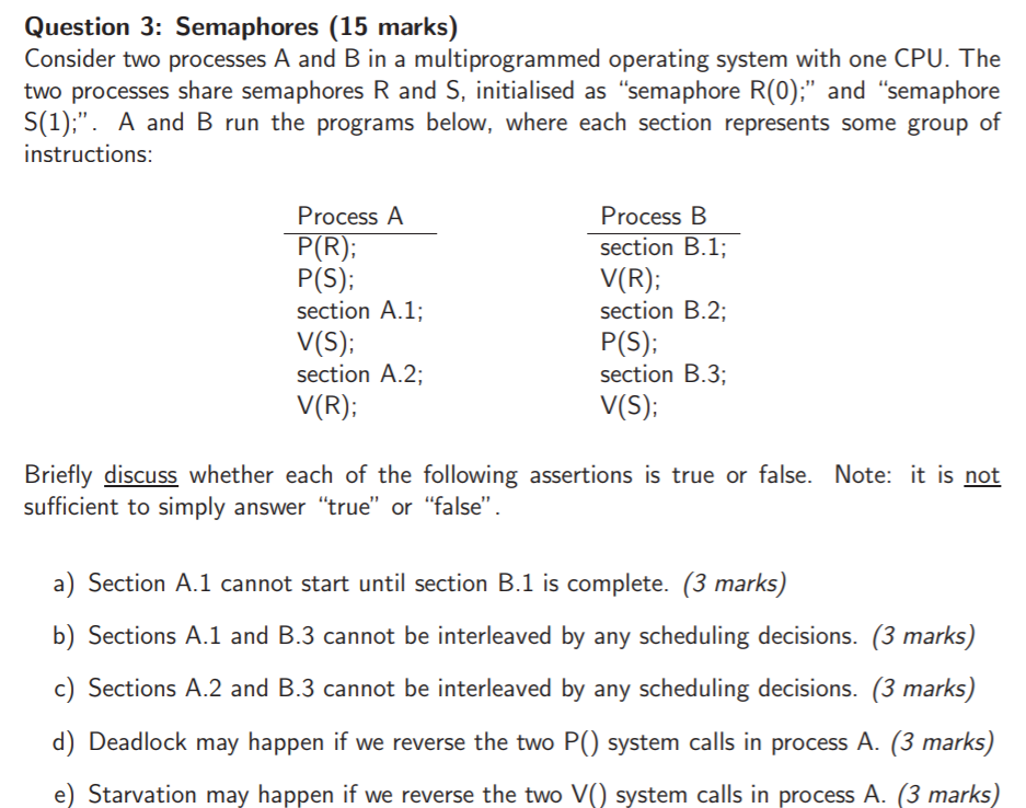 Question 3: Semaphores (15 marks) Consider two | Chegg.com