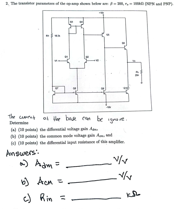 Solved 2. The transistor parameters of the op-amp shown | Chegg.com