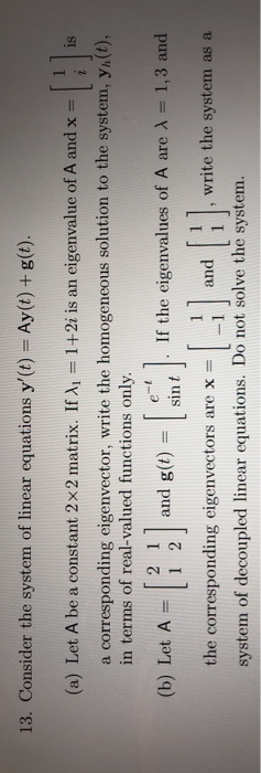 Solved 13. Consider the system of linear equations y'(t) | Chegg.com