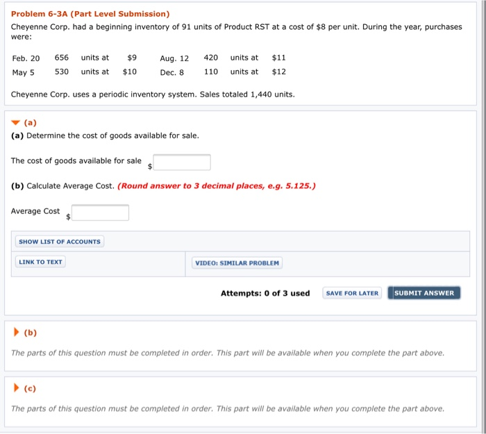 Solved Problem 6-3A (Part Level Submission) Cheyenne Corp. | Chegg.com