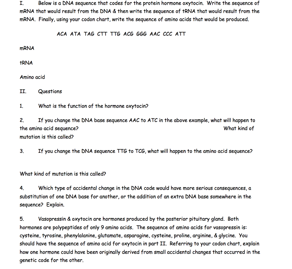 Solved I. Below is a DNA sequence that codes for the protein | Chegg.com