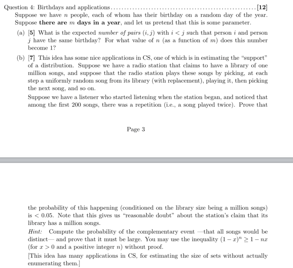 Question 4: Birthdays and applications .. [12] | Chegg.com