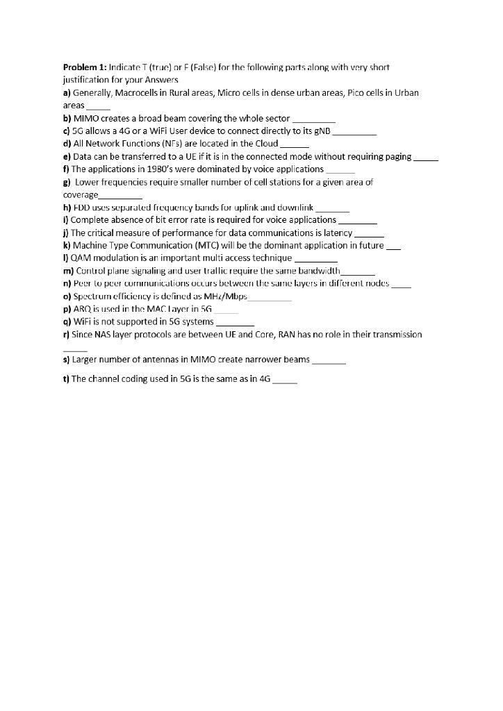 Problem 1: Indicate T (true) or F (False) for the | Chegg.com