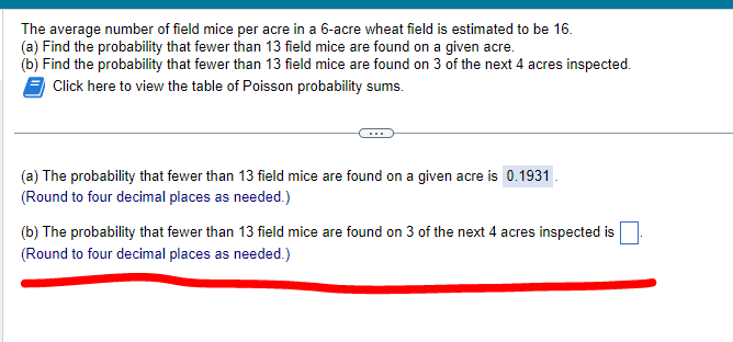 Solved The average number of field mice per acre in a 6-acre | Chegg.com