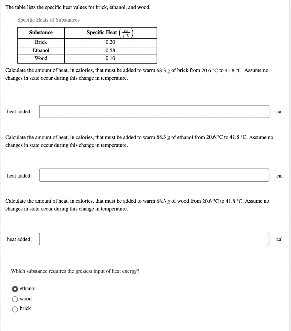 Solved The table lists the specific heat values for brick, | Chegg.com
