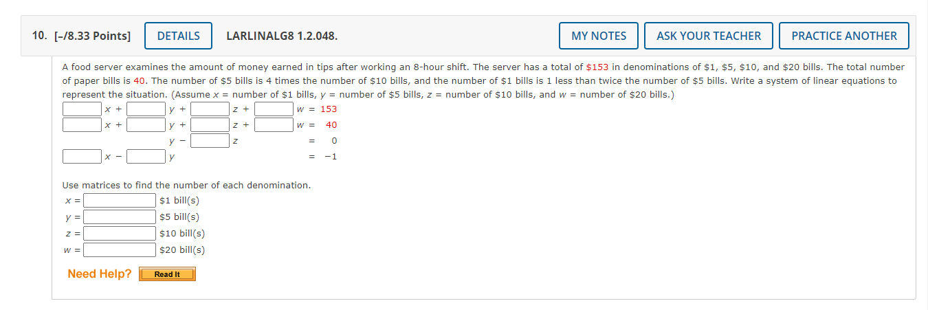 Solved [-/8.33 Points] LARLINALG8 1.2.048. A food server | Chegg.com