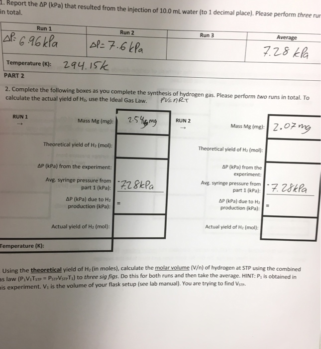 Report in total the ΔP (kPa) that resulted from the | Chegg.com