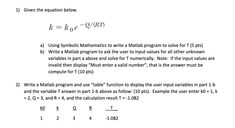 Solved 1) Given the equation below. k=k0e−Q/(RT) a) Using | Chegg.com
