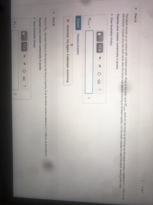 Solved KHW6 Work on a Block Sliding Up a Frictionless | Chegg.com