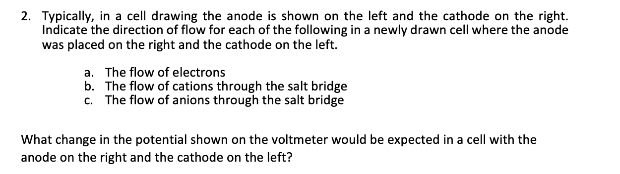 Solved 2. Typically, in a cell drawing the anode is shown on | Chegg.com