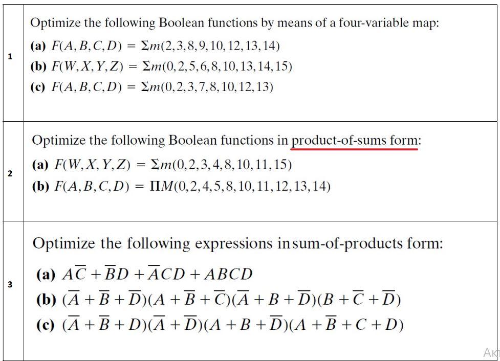 Solved Optimize the following Boolean functions by means of | Chegg.com