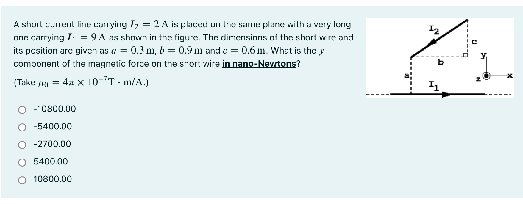 Solved A short current line carrying I2=2 A is placed on the | Chegg.com